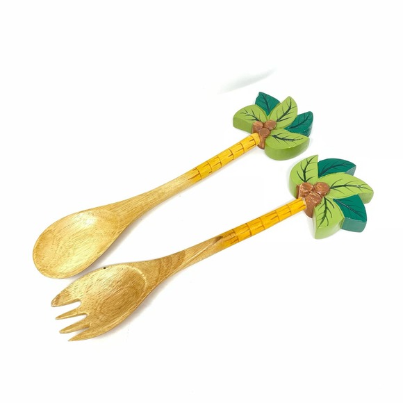 Vintage | Dining | Bamboo Hand Carved Salad Serving Spoons Tropical ...